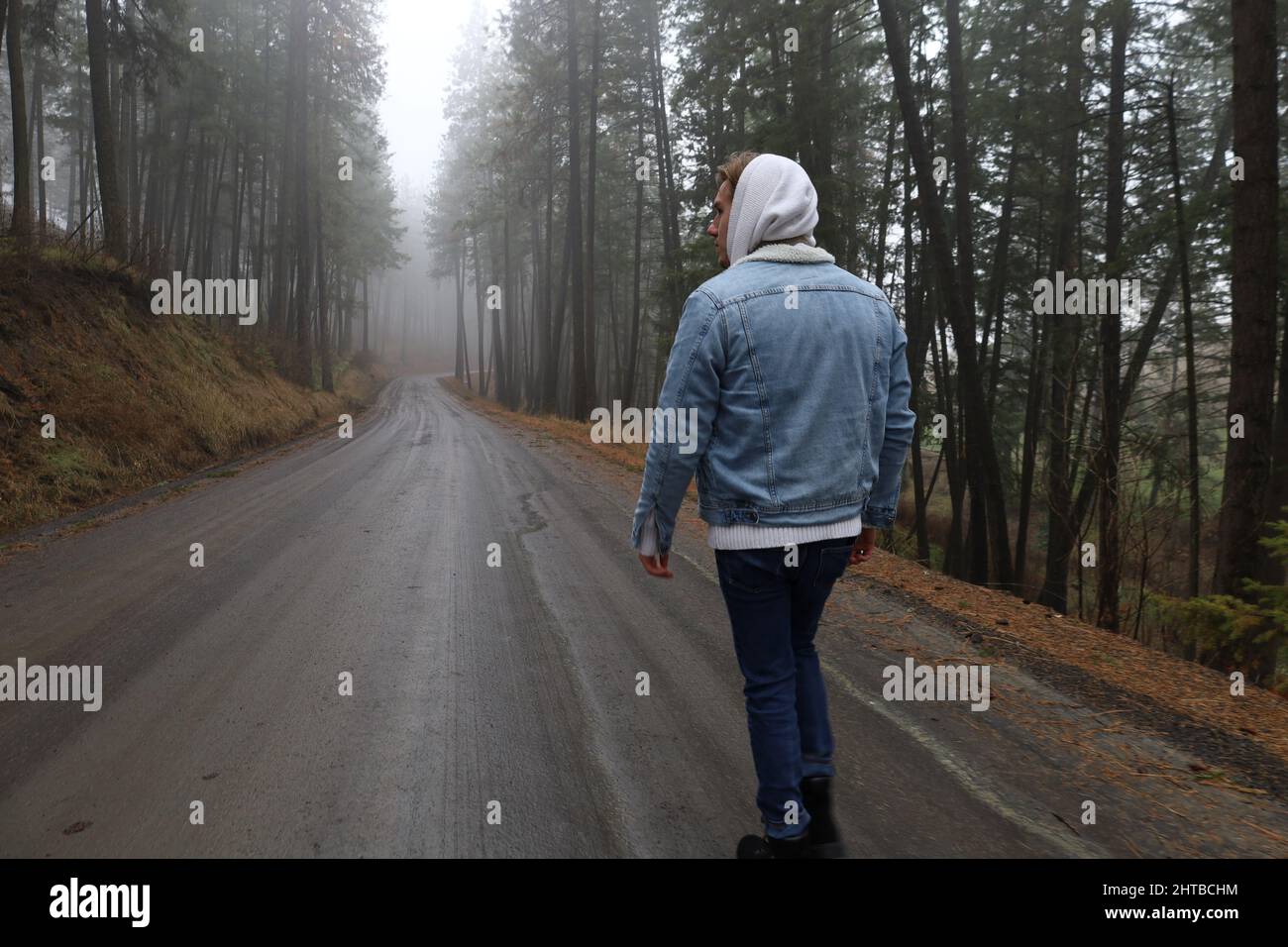 Lonely man walking on the road in the forest on a gloomy day Stock ...