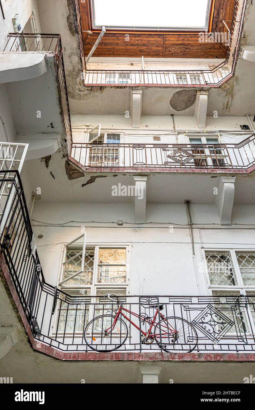 Vertical bottom shot of ancient balconies from the inner yard Stock ...