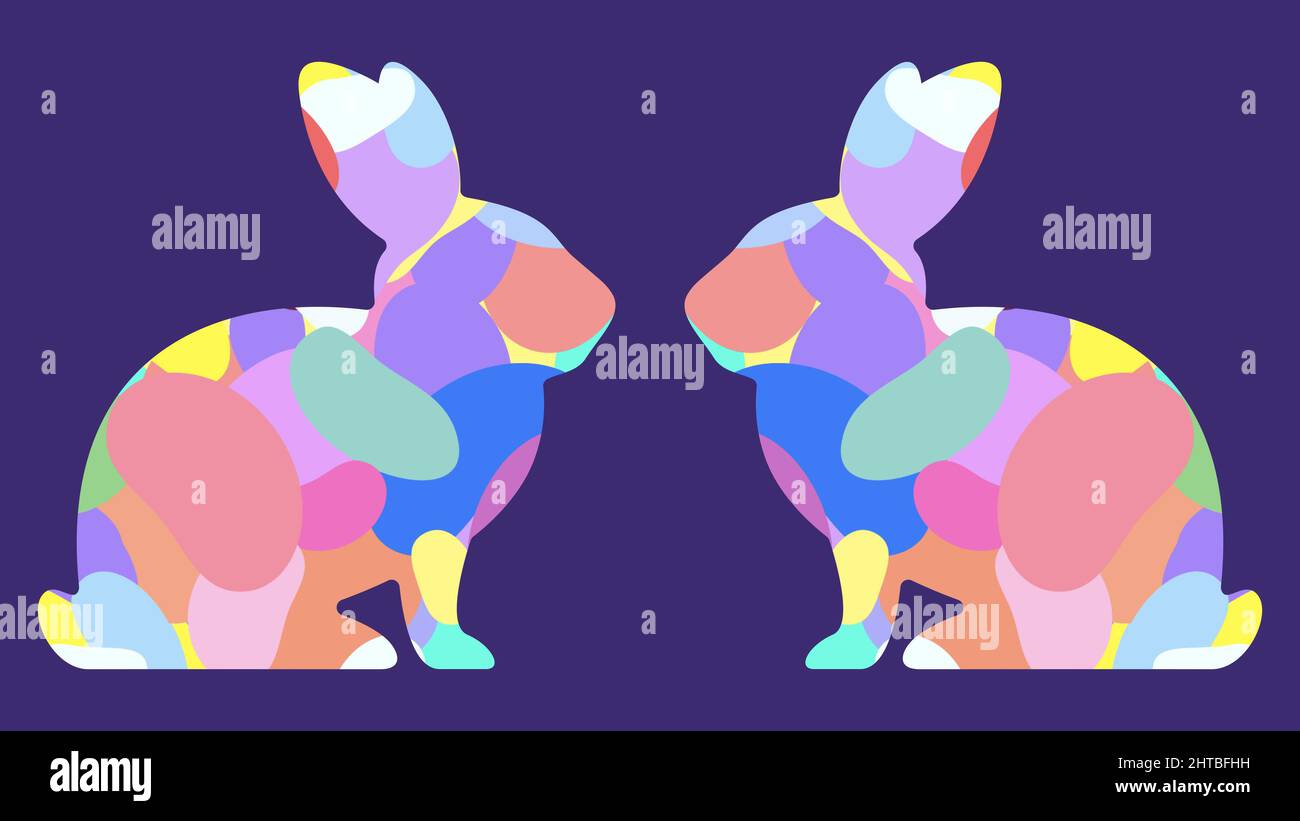 Two rabbits outline divided into colorful sections isolated on a purple ...
