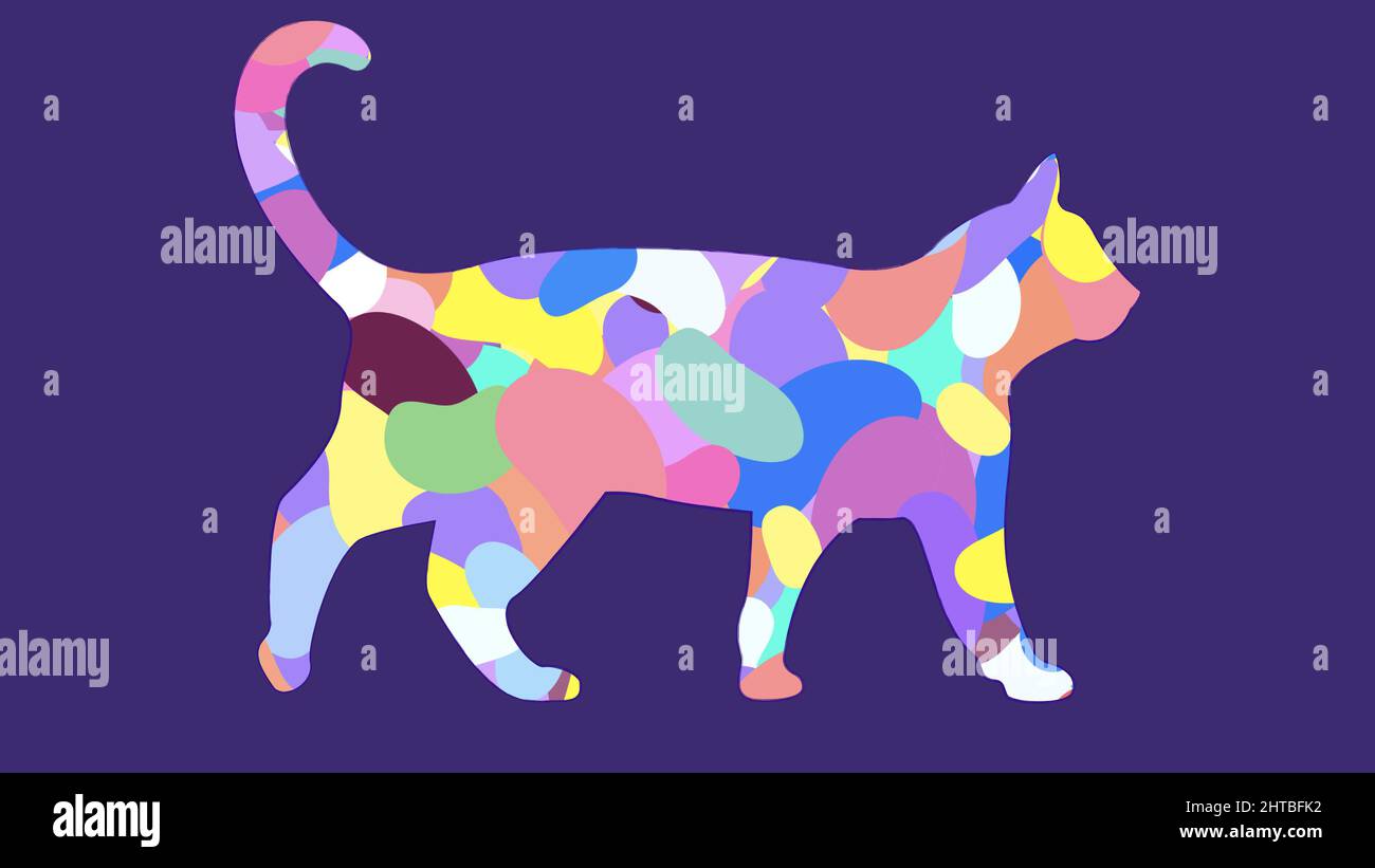 Cat outline divided into colorful sections isolated on a purple ...