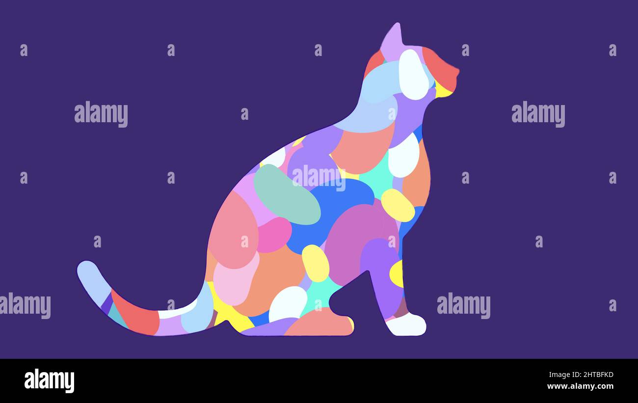 Cat outline divided into colorful sections isolated on a purple ...