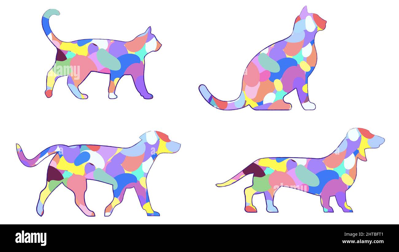 Set of cats' and dogs' outlines divided into colorful sections isolated ...