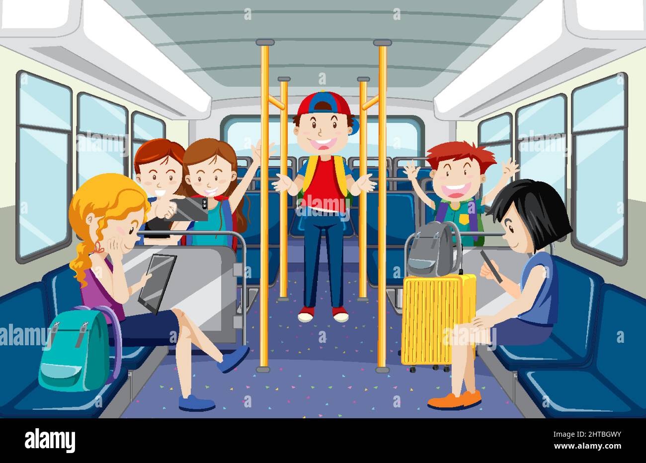 Scene with many people using public transportation illustration Stock ...