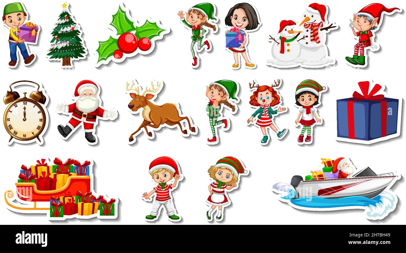 Set of Christmas objects and cartoon characters illustration Stock ...
