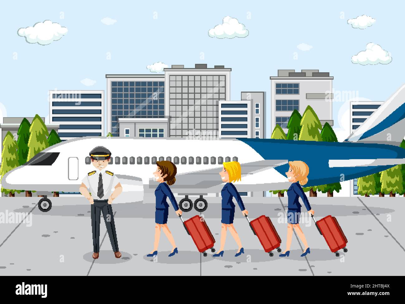 Airport scene with aircrews in cartoon style illustration Stock Vector ...