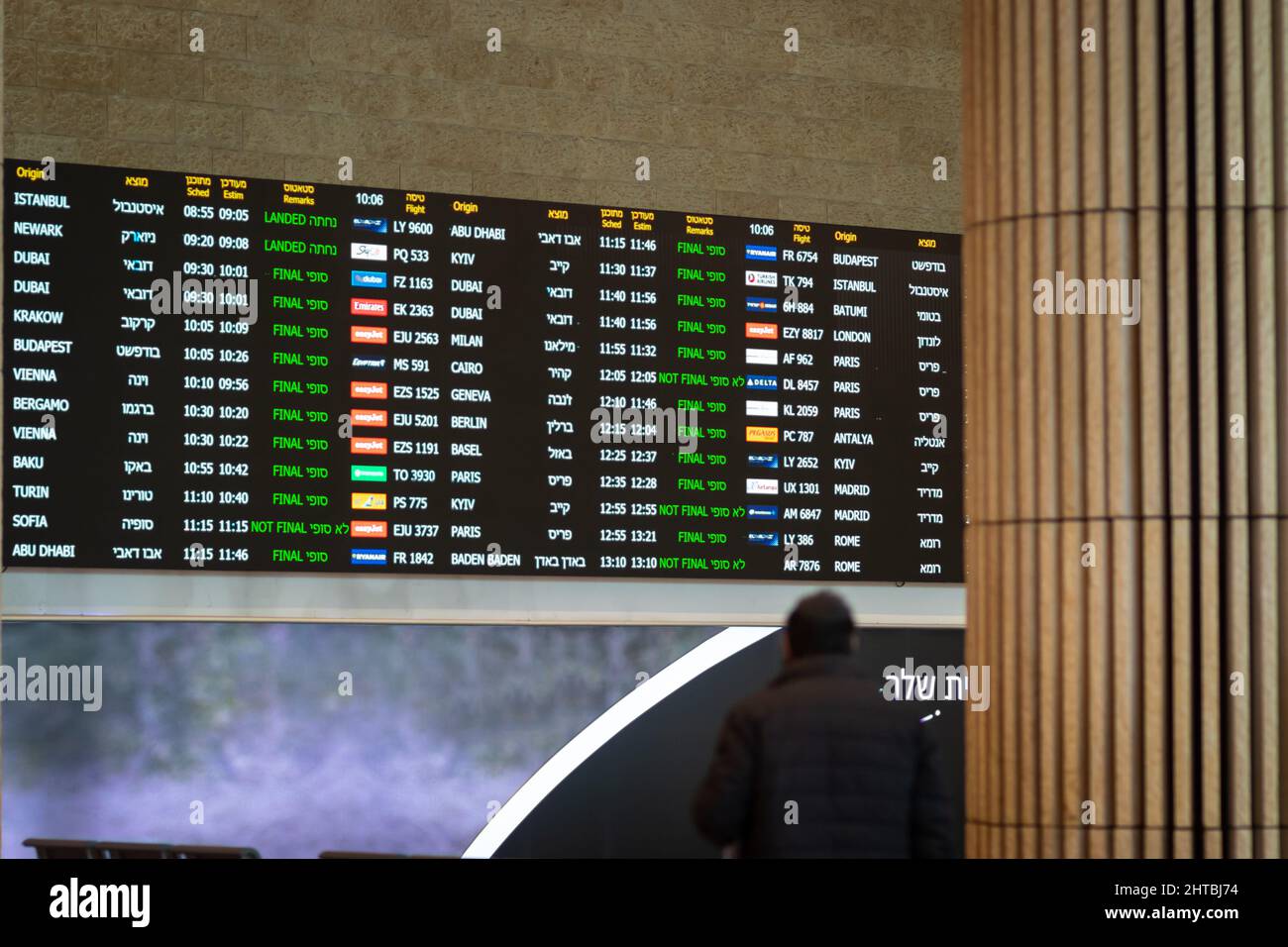 13-02-2022. tel aviv-israel. The screen of the upcoming flights in the ...