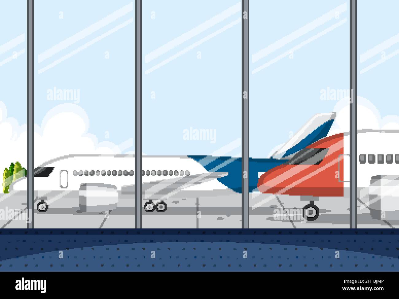 Empty airport terminal with airplane outside illustration Stock Vector ...