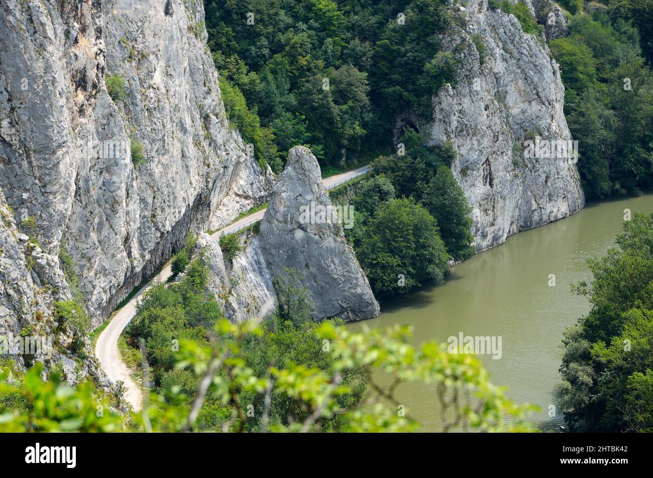 Aerial view of a mountain pass by the rocky cliff near the water Stock ...