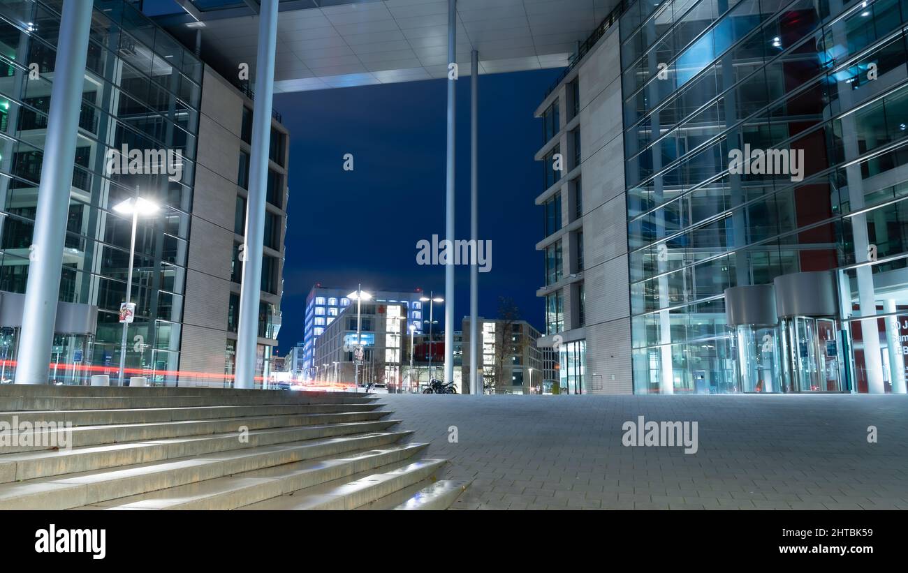 Beautiful view of glass modern buildings from a street in Stuttgart ...