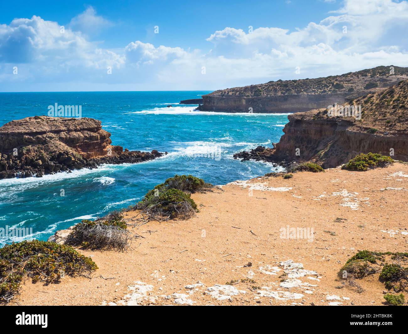 Sea cliffs at Cape Bauer overlooking a sea stack and the Southern Ocean ...