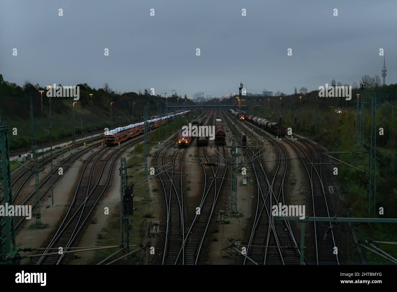 Railroad cargo station with standing trains Stock Photo - Alamy
