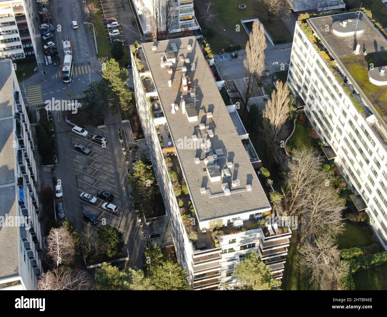Aerial shot of apartment buildings in an upscale neighborhood of Geneva ...