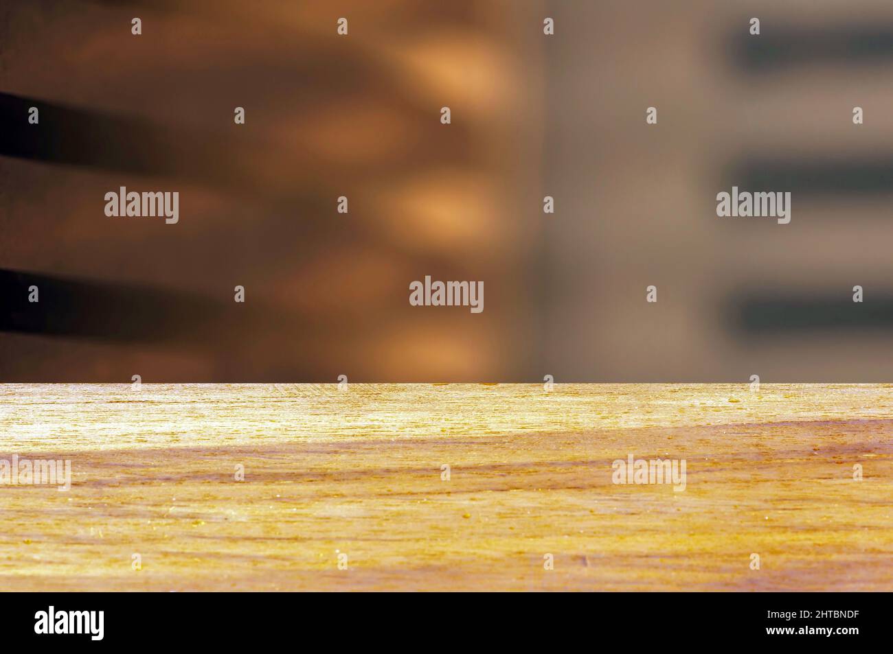 Wooden board empty table in front of soft brown abstract background for ...