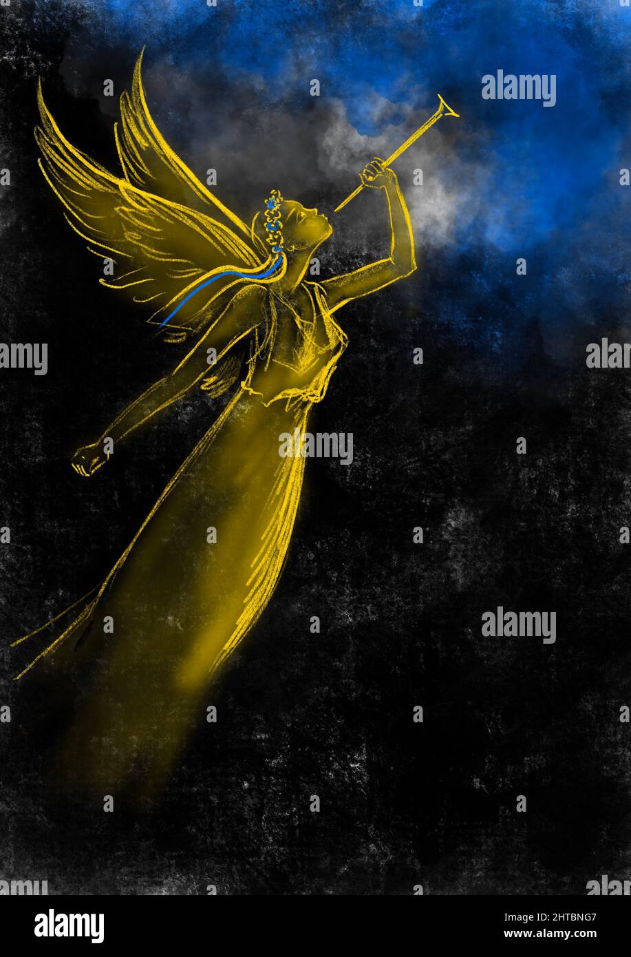 A trumpeting angel with Ukrainian symbols calls for help. The concept ...