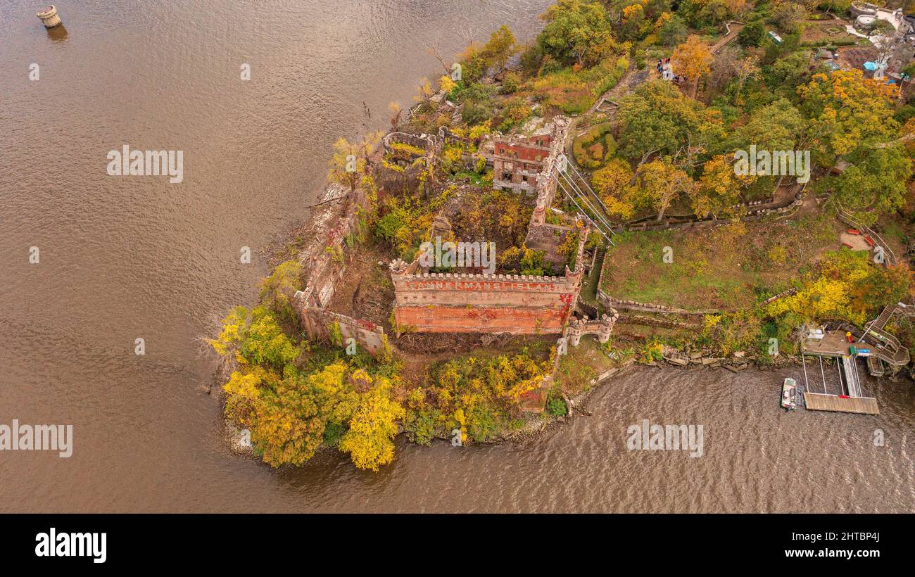 Aerial view of the old Bannerman's Castle surrounded by the Hudson ...
