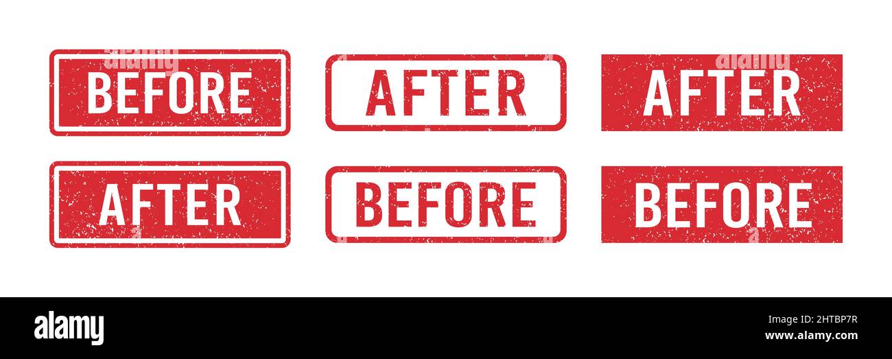 Before and after red grunge rubber stamps. Seals with words Before and After. Grunge vintage ...