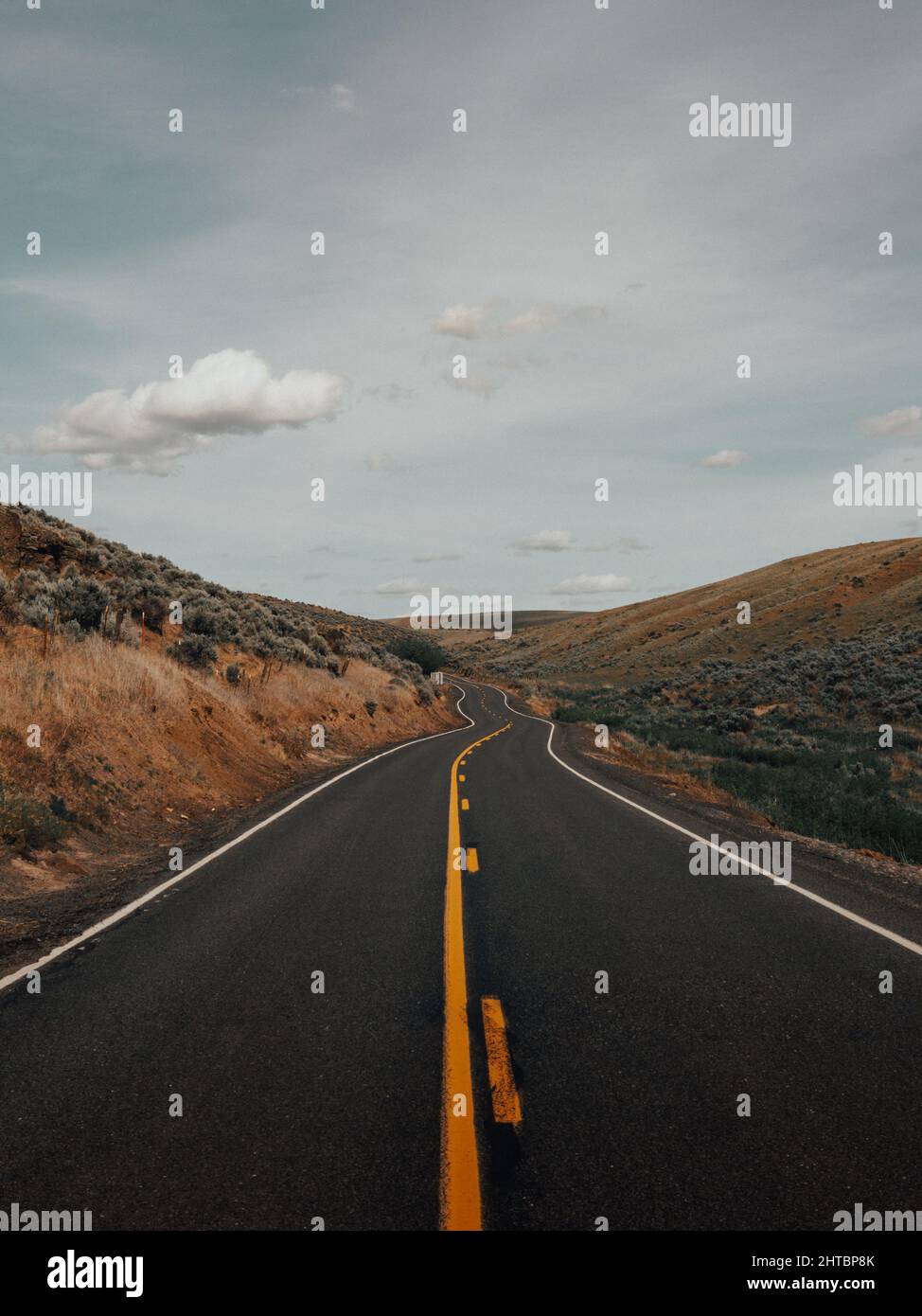Vertical shot of a curvy highway in the countryside in Washington State ...