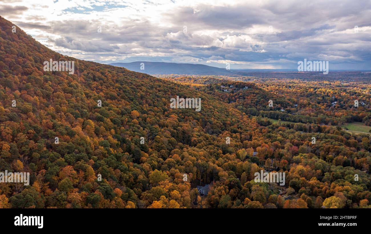 Aerial view of the beautiful autumnal forests at Cornwall-on-Hudson in ...