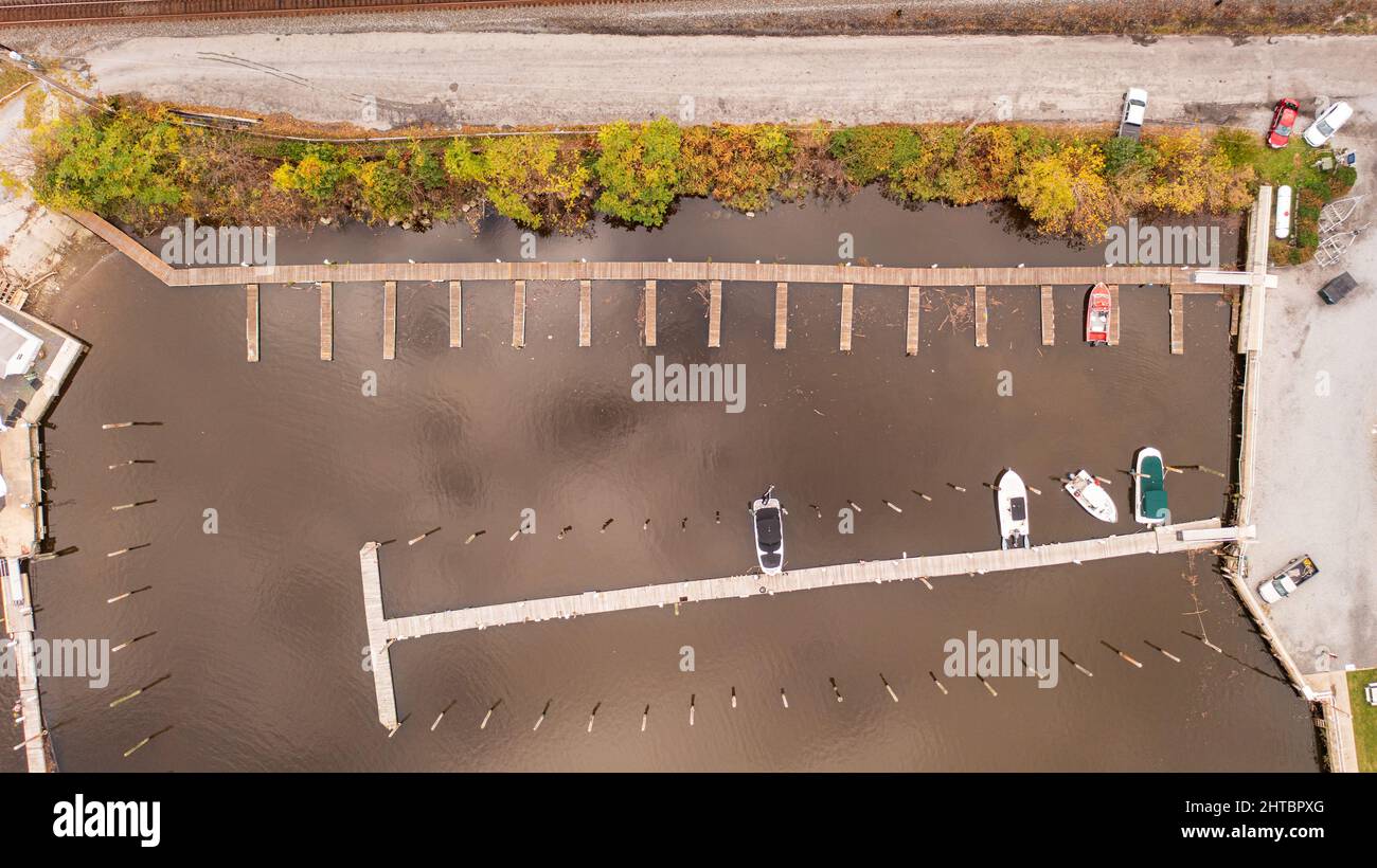Top view of the Hudson River next to Mine Dock Park with boats docked ...