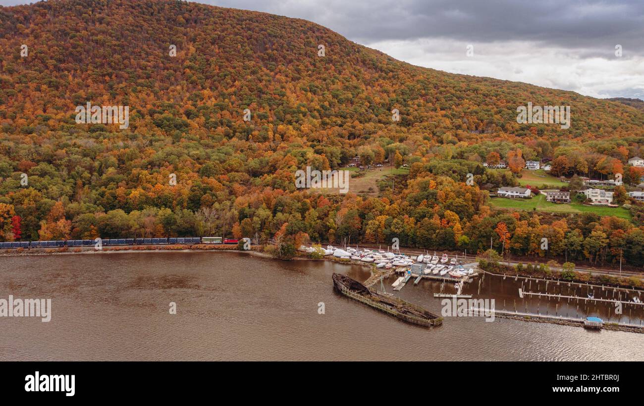 Aerial view of the beautiful Hudson River surrounded by lush autumnal ...
