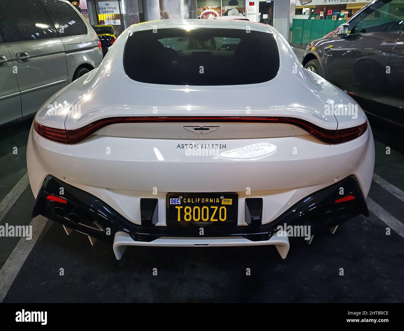 Closeup of the rear end of a parked white Aston Martin sports car Stock ...