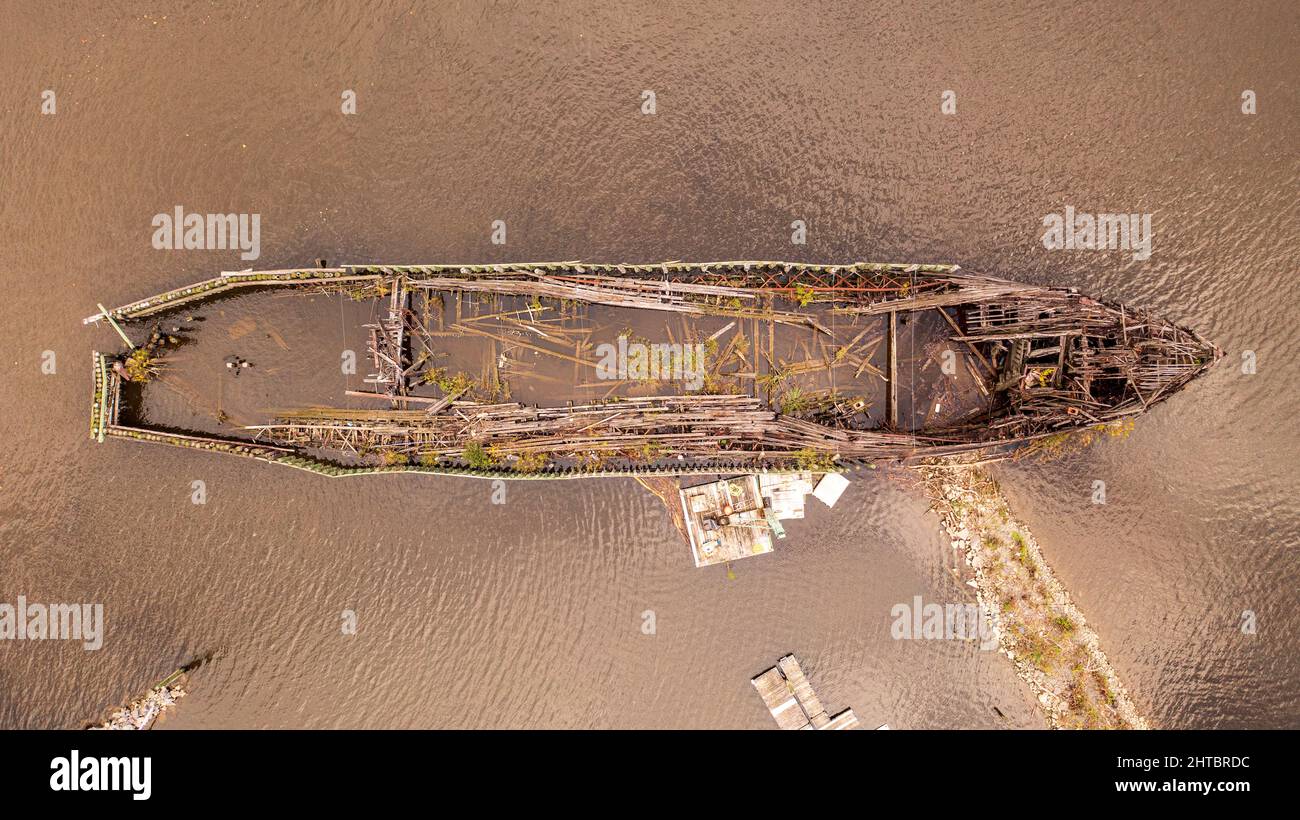 Top view of a rusted old metal boat on the Hudson River in upstate New ...