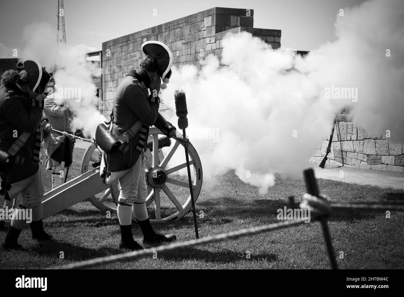 Closeup shot of the demonstration of a musket at Fort Niagara Stock ...