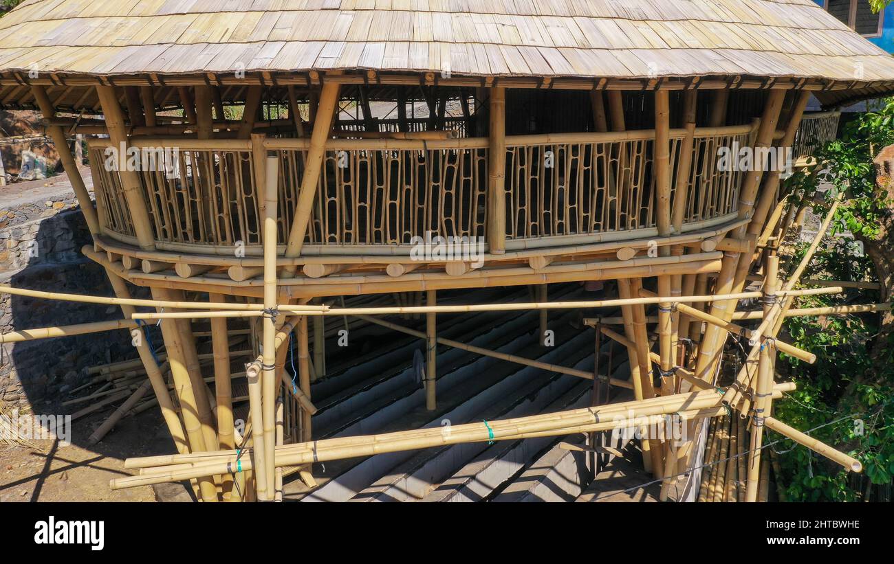 Aerial view from drone of eco wooden and bamboo house with nature view ...