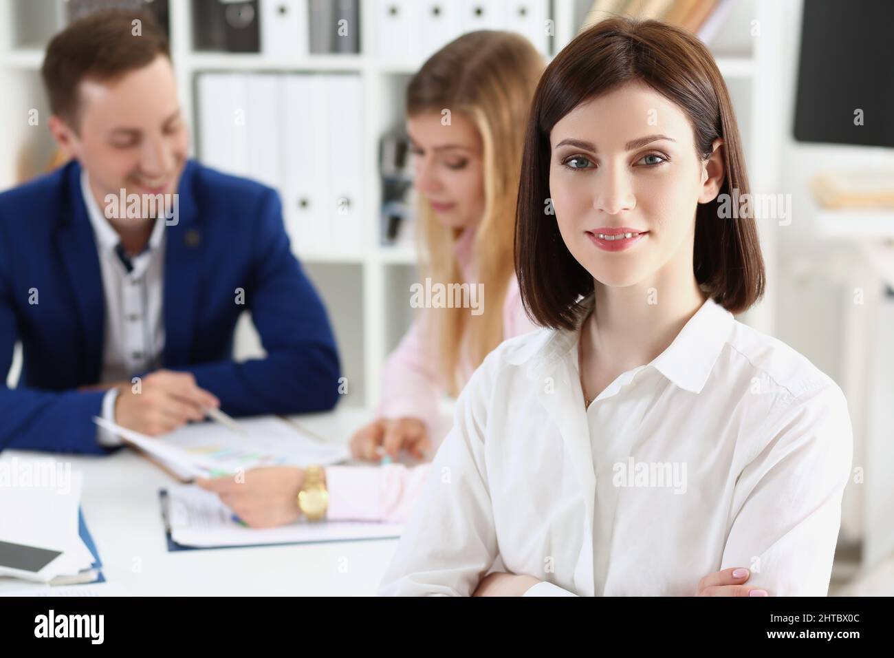 Businesswoman take part in corporation meeting, prepare annual ...