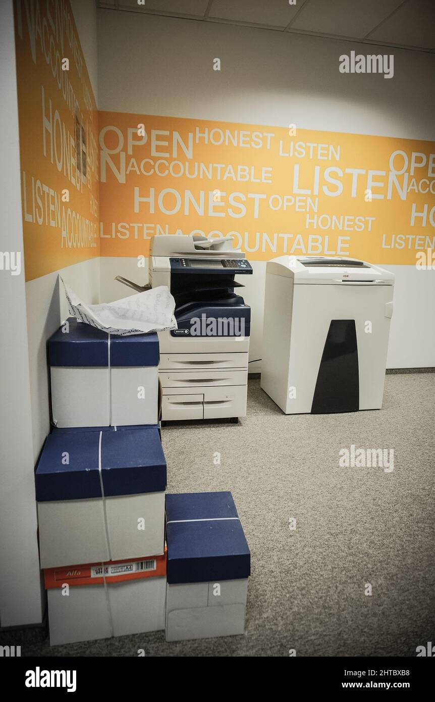 Vertical shot of the printer and copy machine in a Schulman office ...