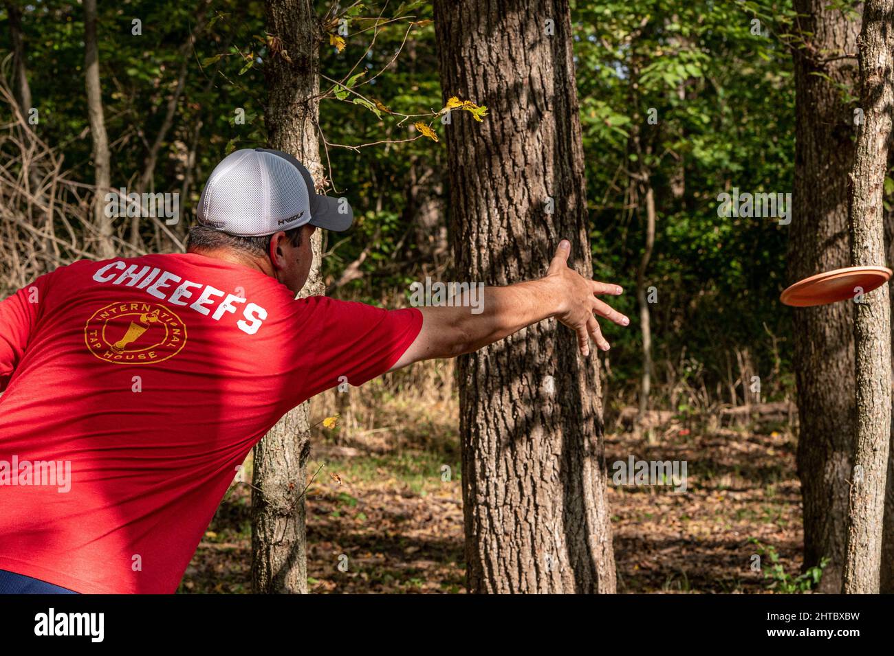 Disc golf player throwing a disc in the park Stock Photo - Alamy