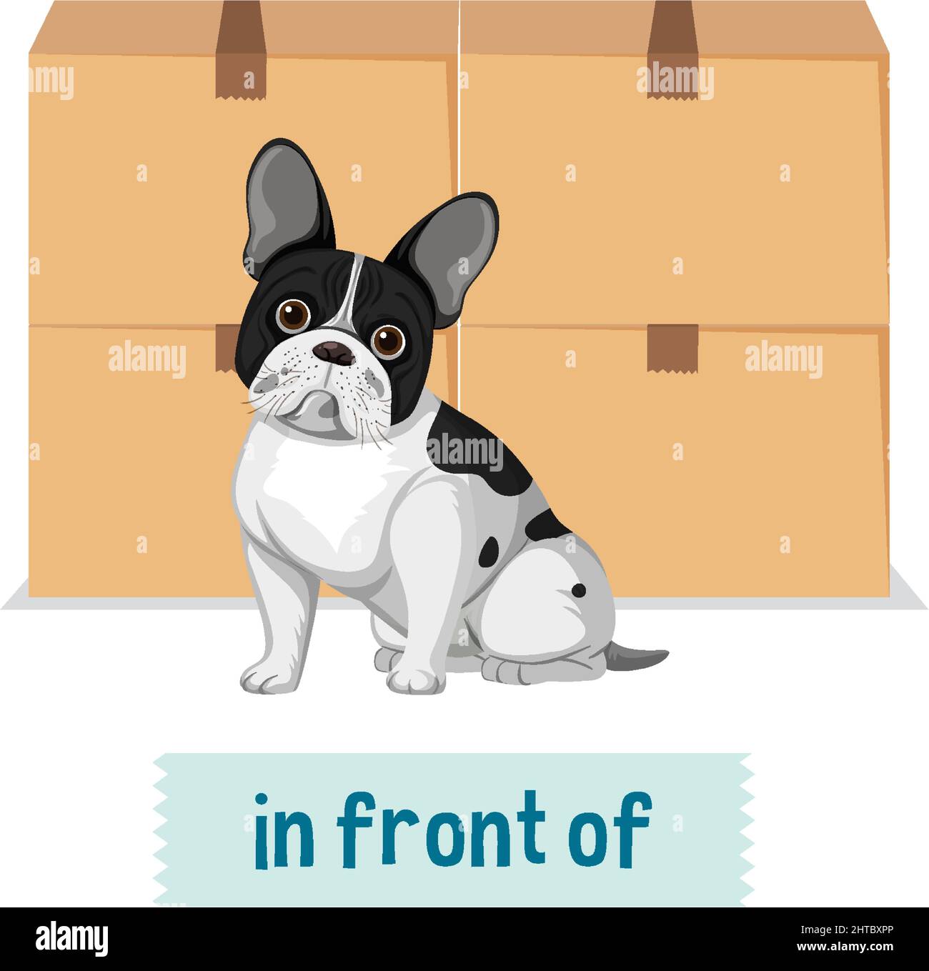 Preposition of place with cartoon dog and a box illustration Stock ...