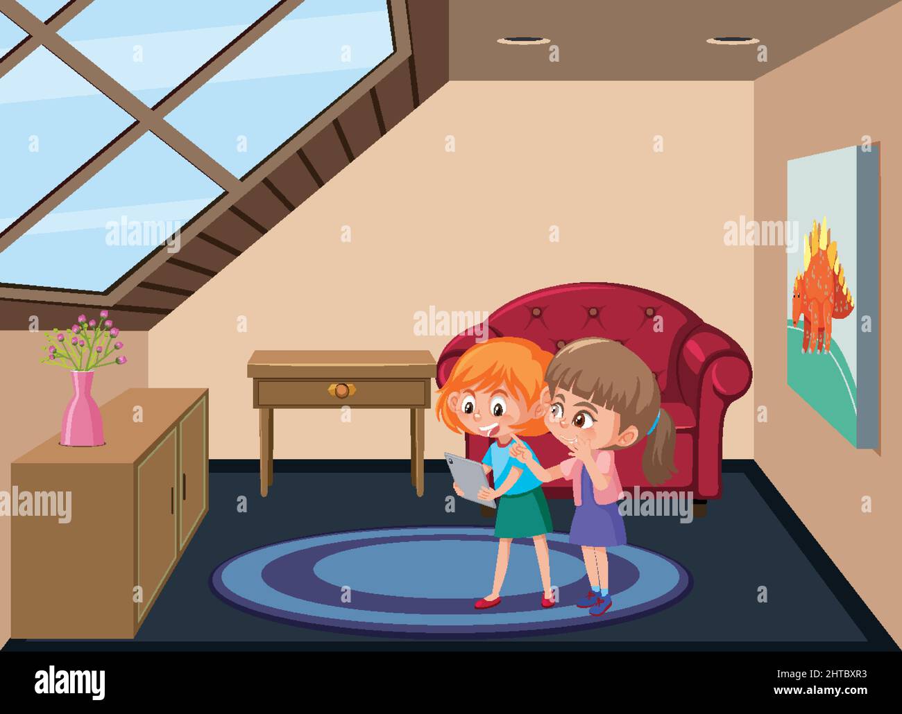 Garret room scene with two girls cartoon character illustration Stock ...