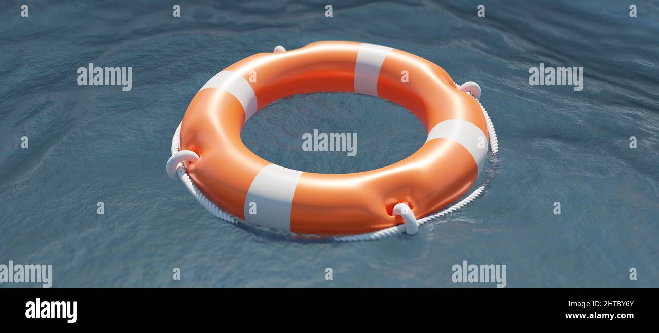 Lifebuoy on sea water surface. Life preserver float ring, ship safety ...