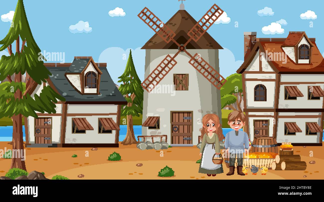 Medieval town scene with villagers illustration Stock Vector Image ...