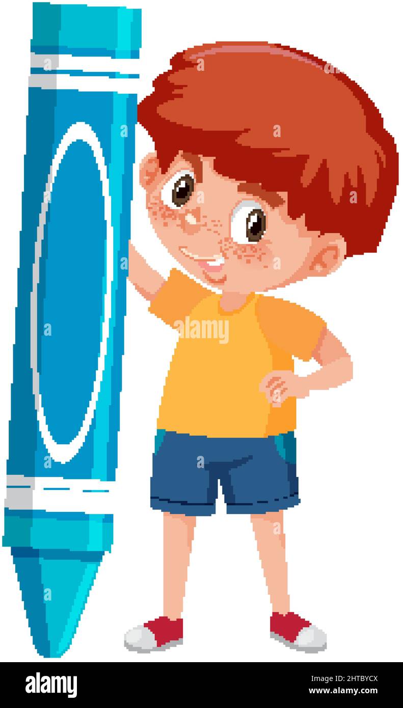 Cute boy holding giant crayon illustration Stock Vector Image & Art - Alamy