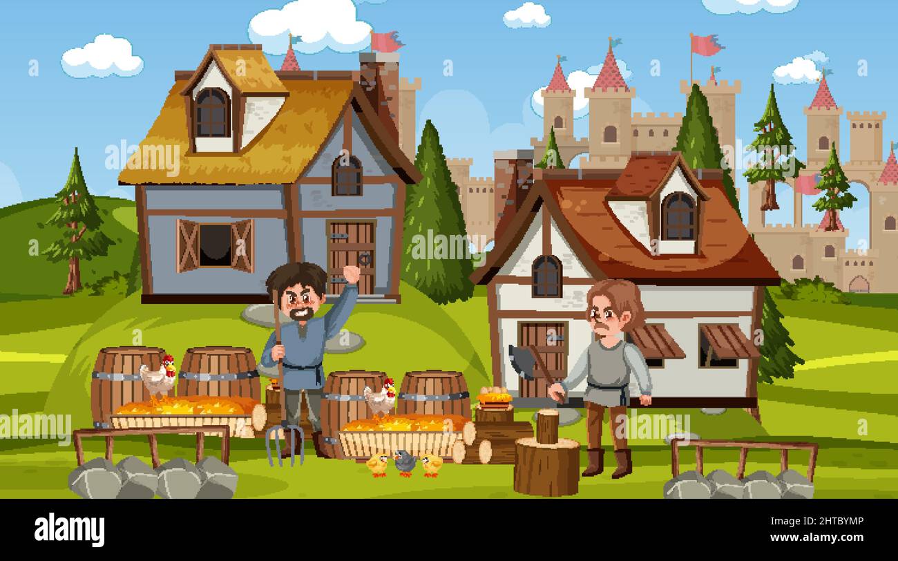 Medieval town scene with villagers illustration Stock Vector Image ...