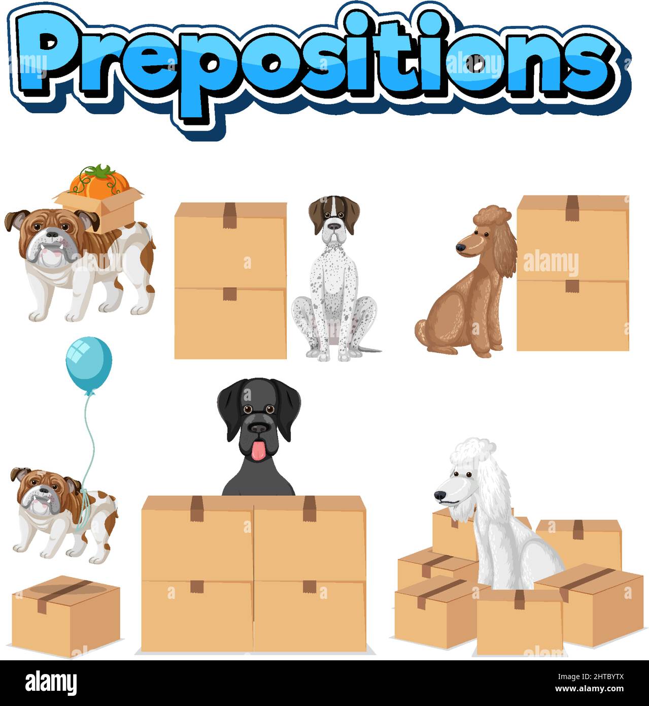 Preposition wordcard with dogs and boxes illustration Stock Vector ...
