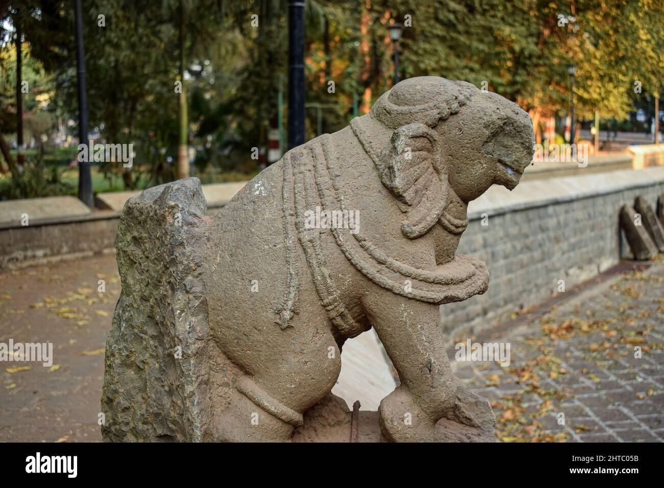 Ancient carved elephant statue in an old Hindu temple at Kolhapur ...