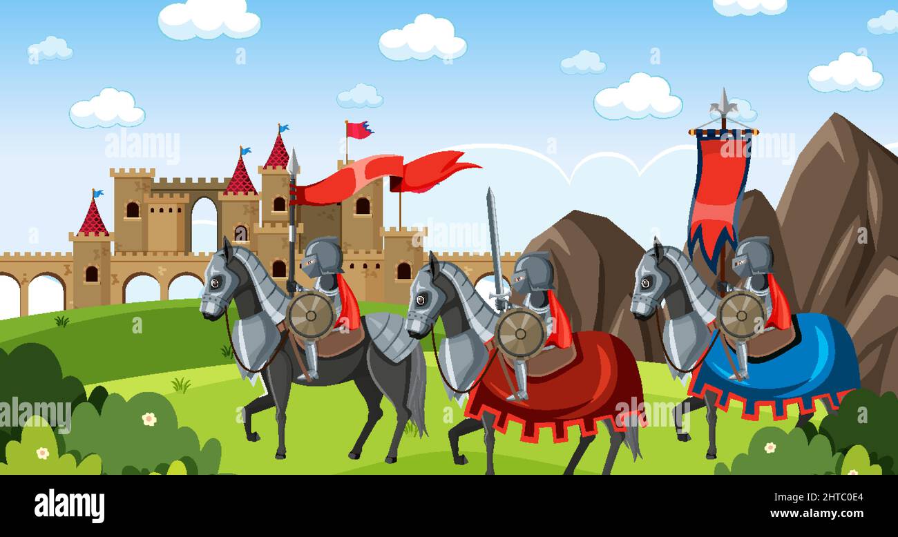 Medieval outdoor scene with knights on horseback illustration Stock ...