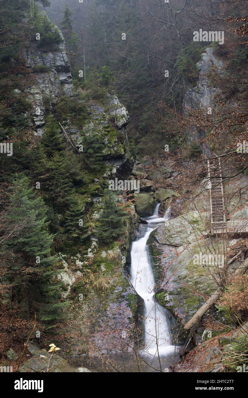 Vertical view of the Resovske waterfalls in Jesenik mountains in Czech ...