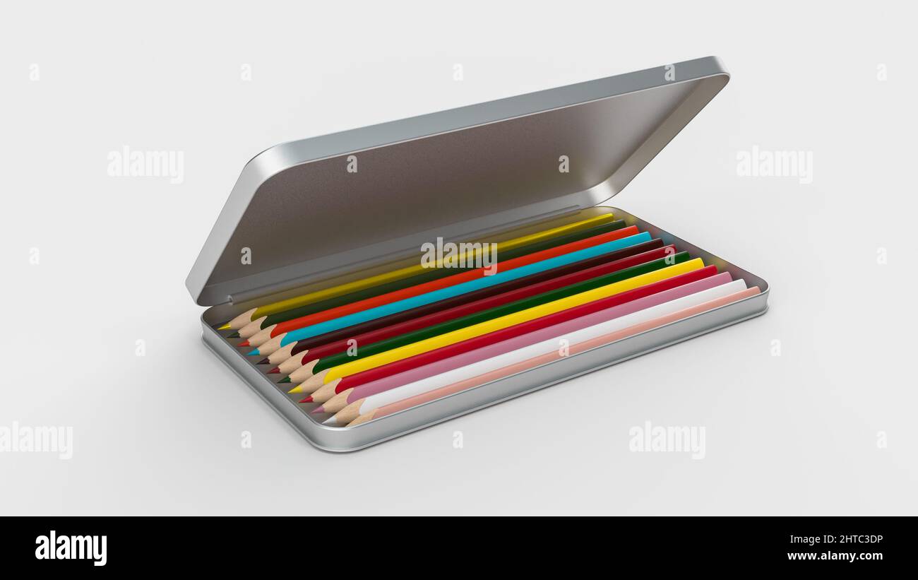 Row of Pencil in rainbow colors in an open aluminum box Stock Photo - Alamy