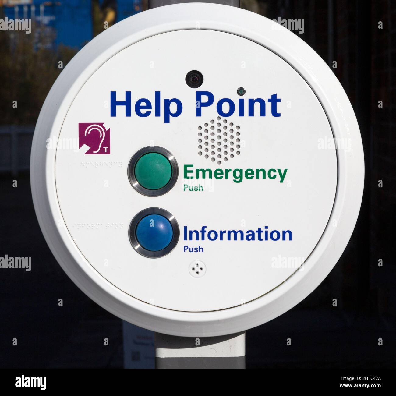 Close up of Help Point information and emergency service at railway ...