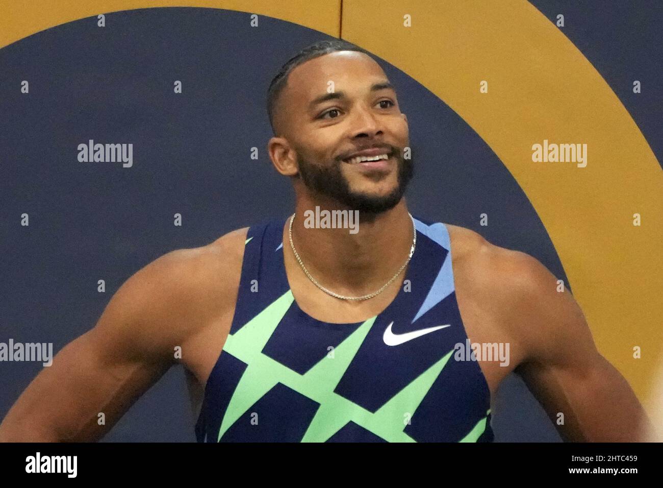 Spokane, United States. 27th Feb, 2022. Garret Scantling reacts after ...