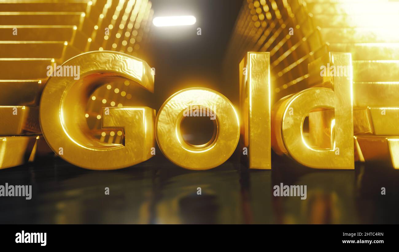 3D rendering of the word "GOLD" glowing against stacked gold bars in ...