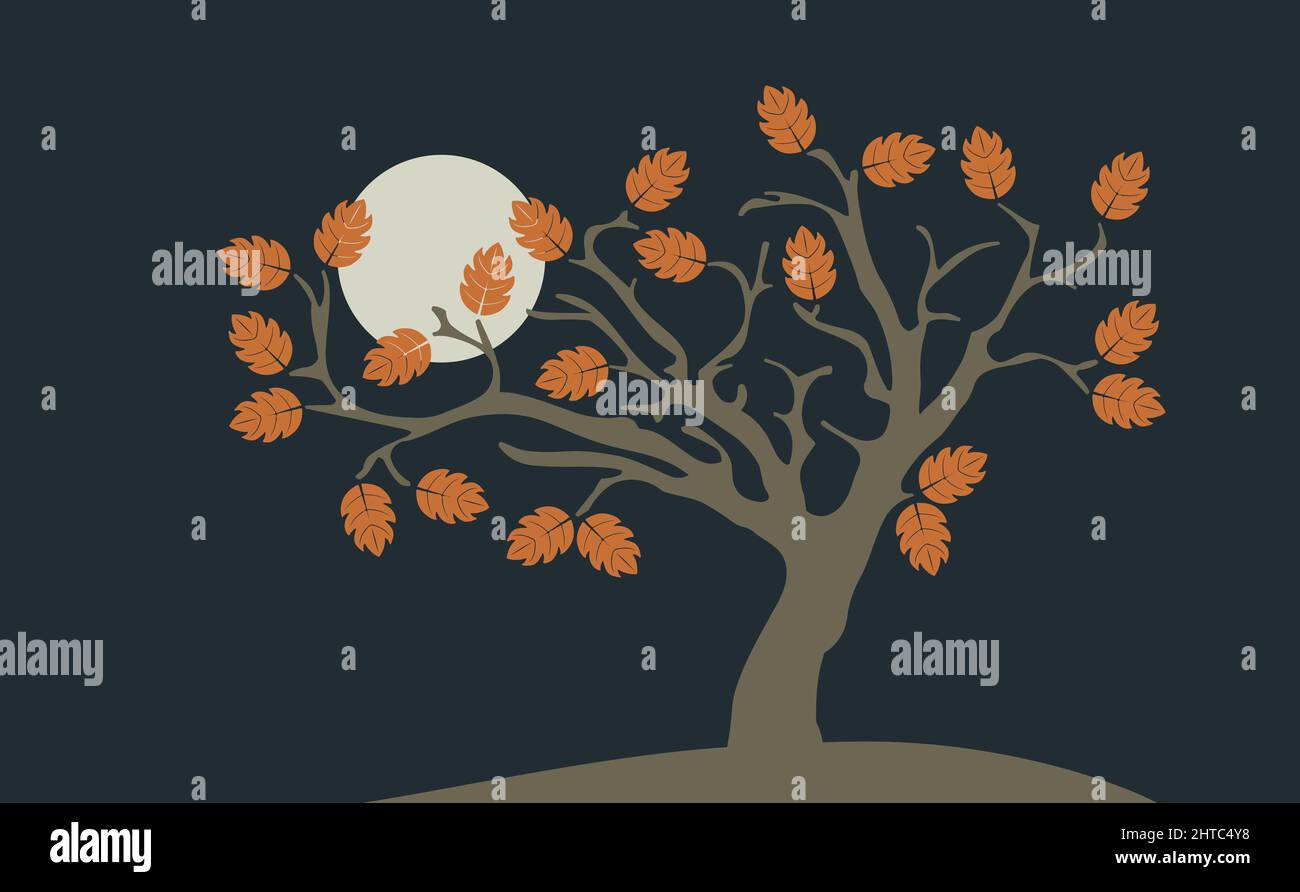 Illustration of a lonely autumn tree and moon Stock Photo - Alamy