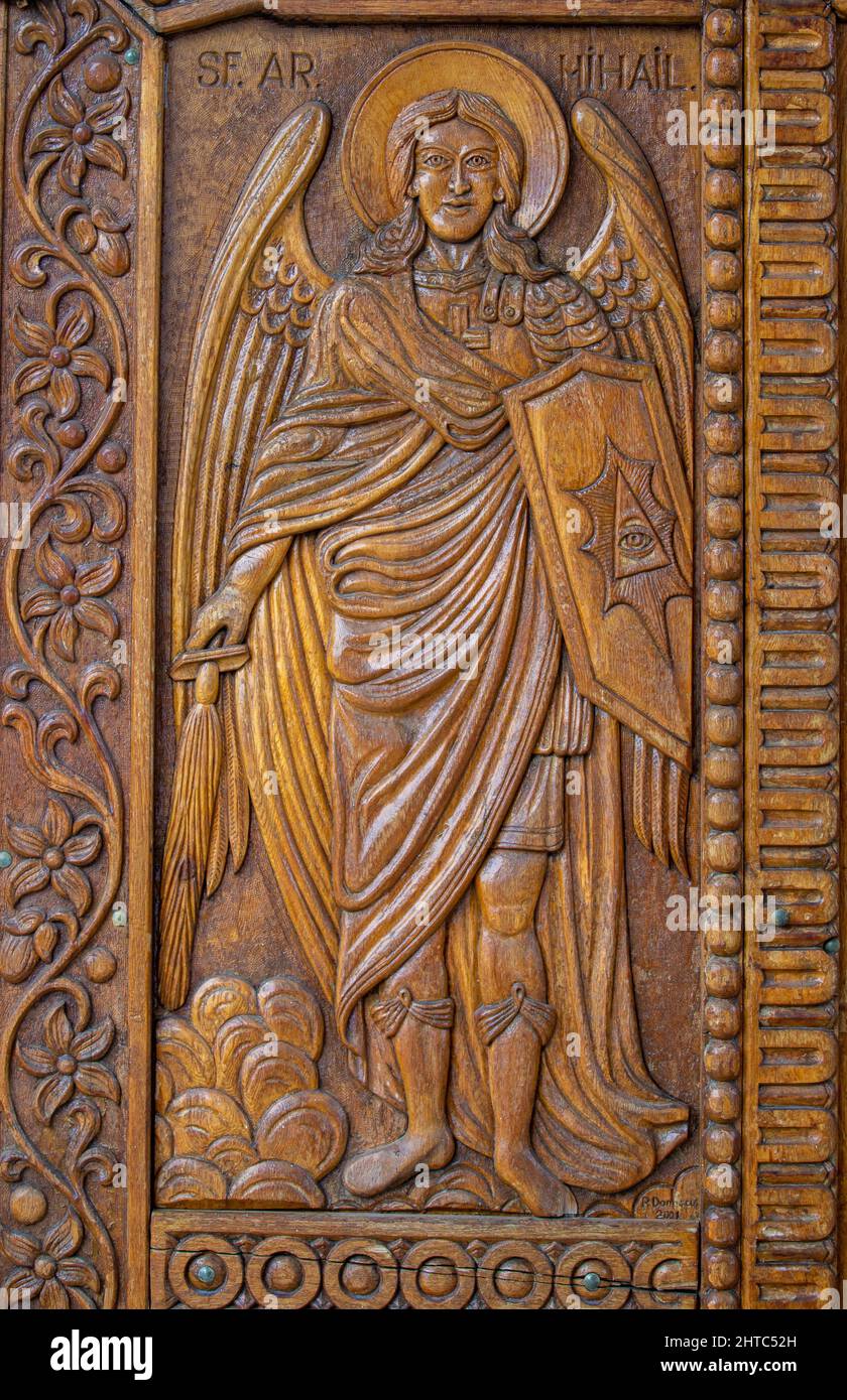 Wooden sculpture of holy archangel Michael at the Zamfira monastery Stock Photo - Alamy