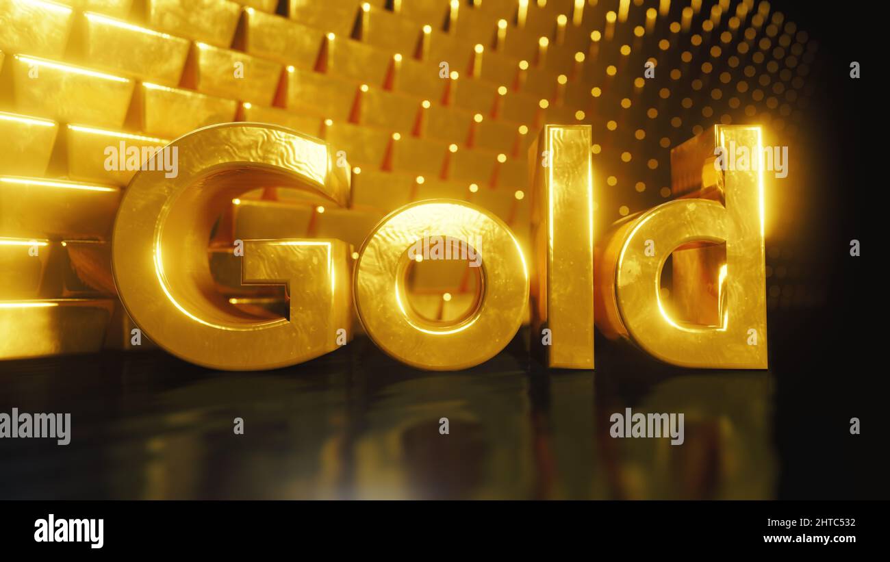 3D rendering of the word "GOLD" glowing against stacked gold bars in ...