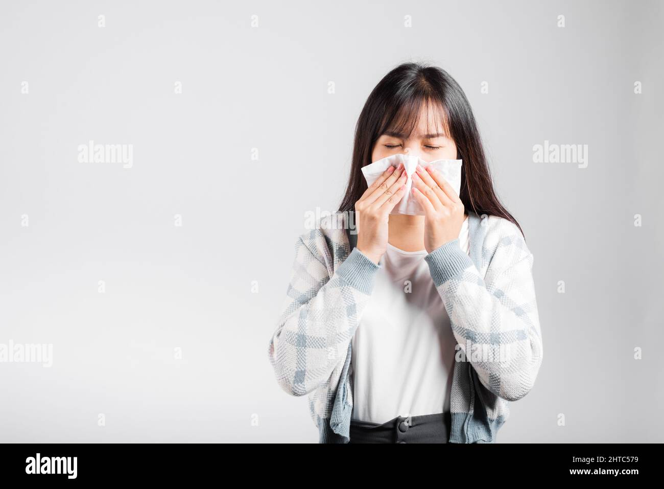 Unhappy woman bad mood her cry wipe mucus with tissue, beautiful young ...