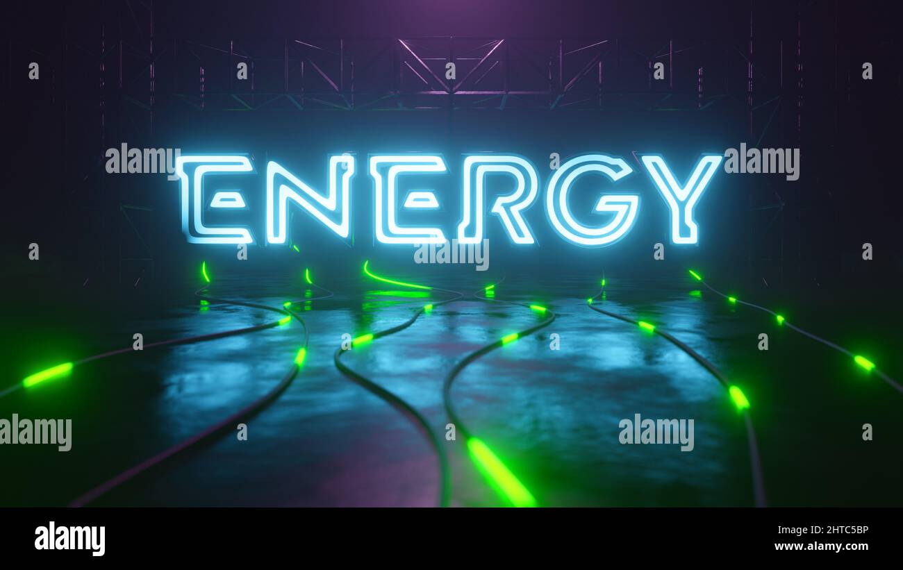 3D illustration of a glowing Energy word with blue neon lights Stock ...